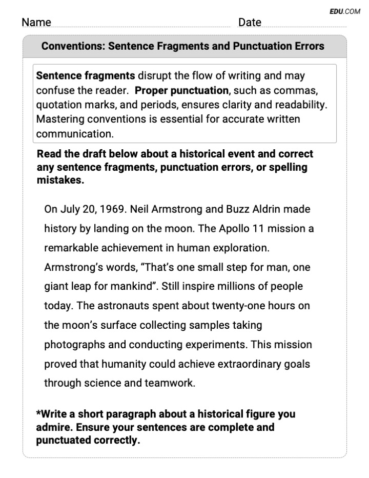 Boost Grammar Skills with This Worksheet on Conventions: Sentence Fragments and Punctuation ...